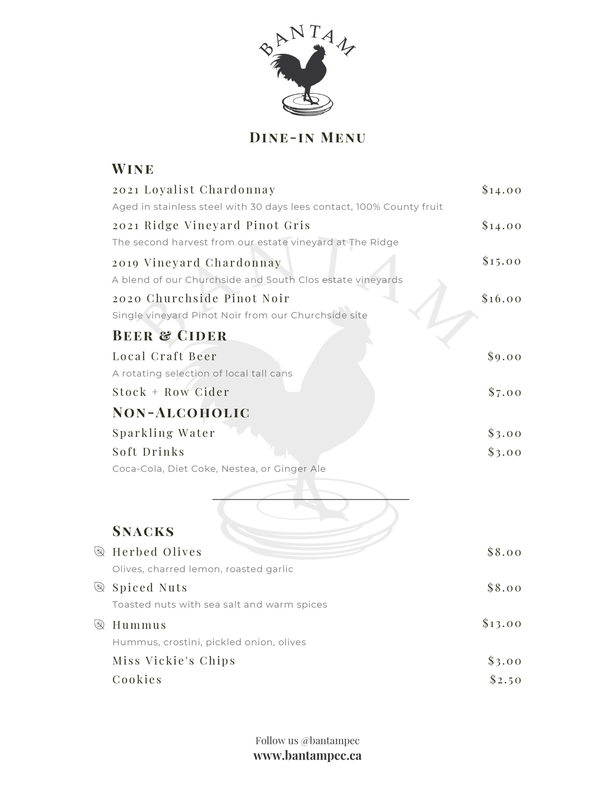 MENUS - BANTAM | Wine Bar Restaurant | Prince Edward County, Ontario